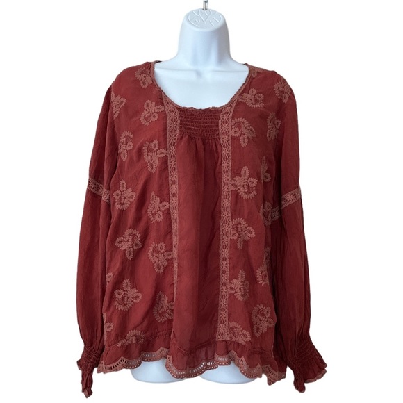 Sundance | Tops | Sundance Embroidered Long Sleeve Rust Red Boho ...
